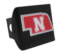 Nebraska Huskers State Shape Colors Black Metal Hitch Cover – AMG Emblems